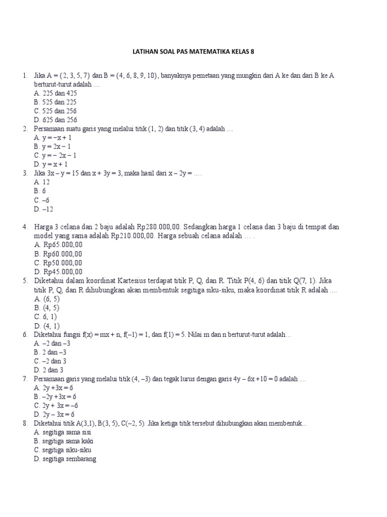Latihan Soal Pas Matematika Kelas 8 | PDF