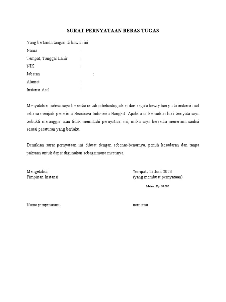 Surat Pernyataan Bebas Tugas Beasiswa | PDF | Hukum