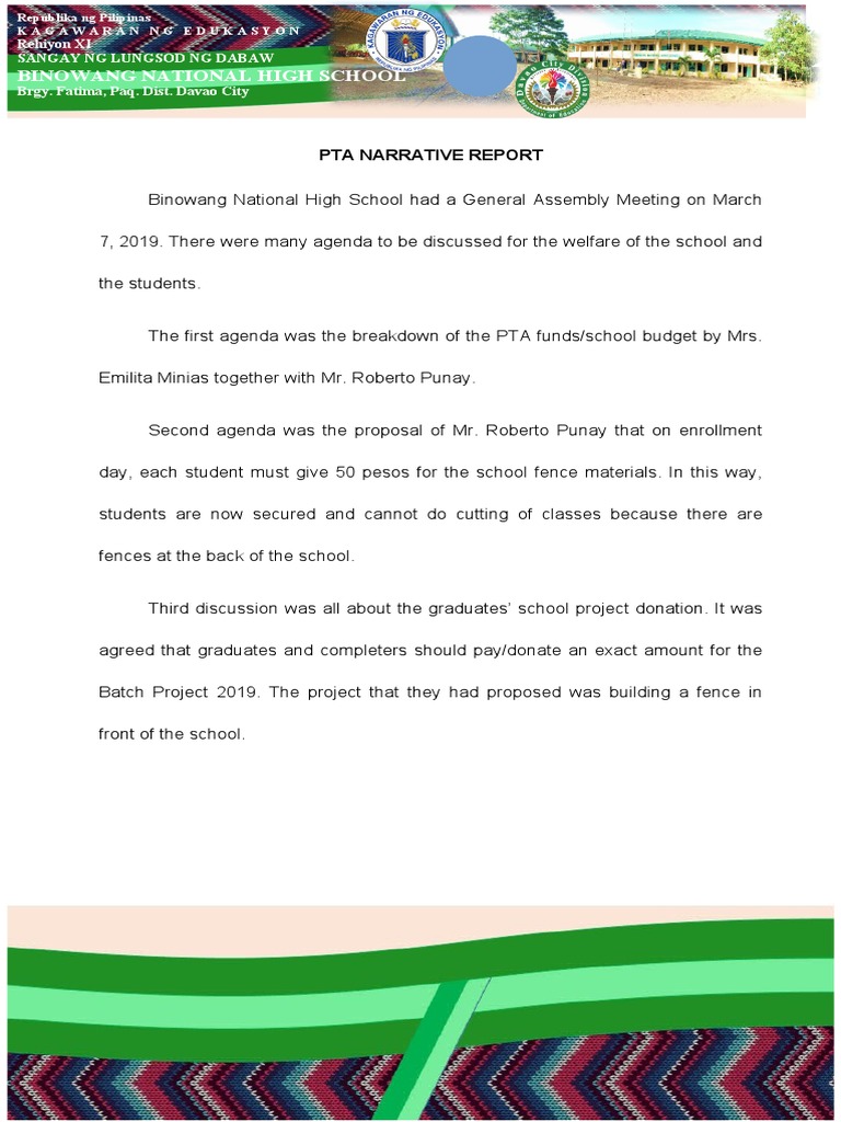 Binowang National High School: Pta Narrative Report | PDF