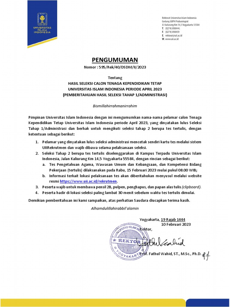 Pengumuman Hasil Seleksi Tahap 1 | PDF