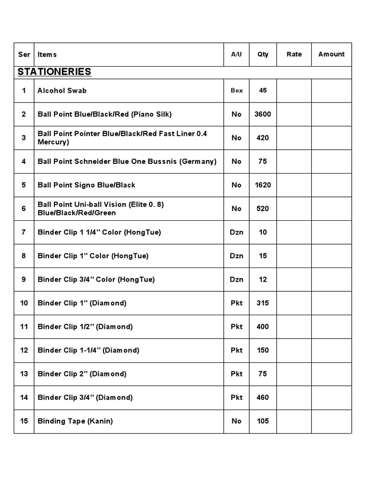 Comprehensive Stationery Item List | PDF | Graphic Design | Printing