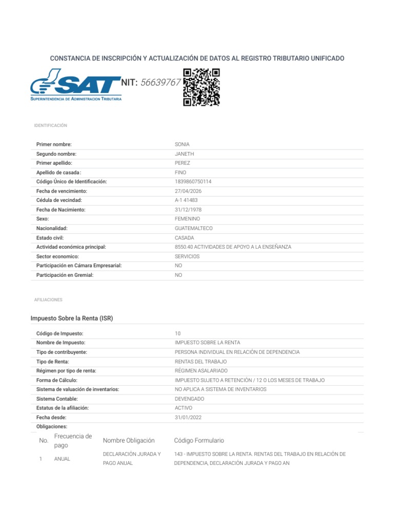 Constancia de Inscripción Y Actualización de Datos Al Registro ...