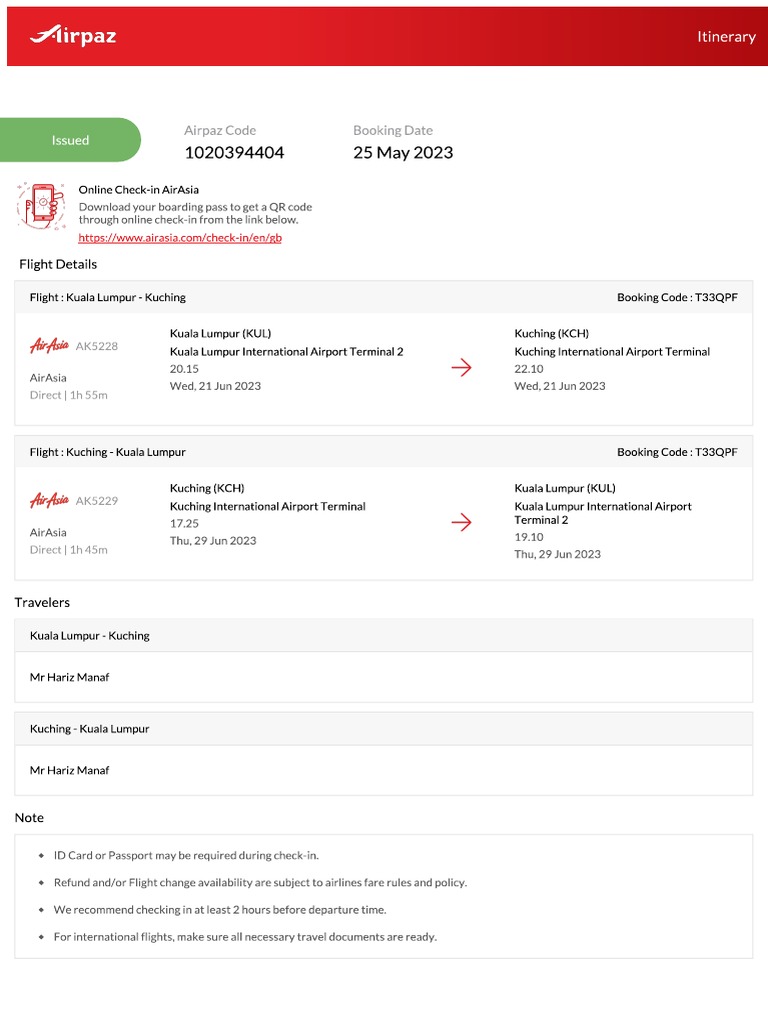 Airpaz Flight Itinerary 1020394404 | PDF