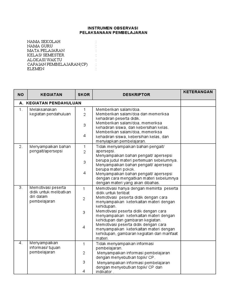 Instrumen Observasi Pembelajaran | PDF | Karier & Perkembangan