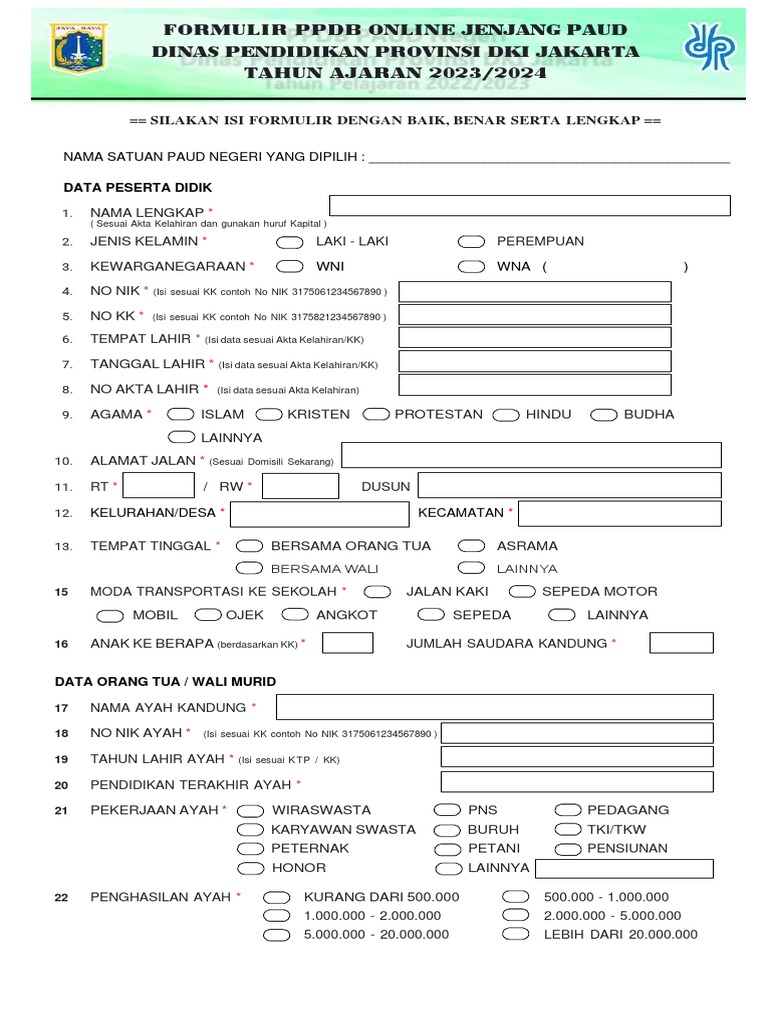 Formulir PPDB PAUD DKI Jakarta 2023/2024 | PDF
