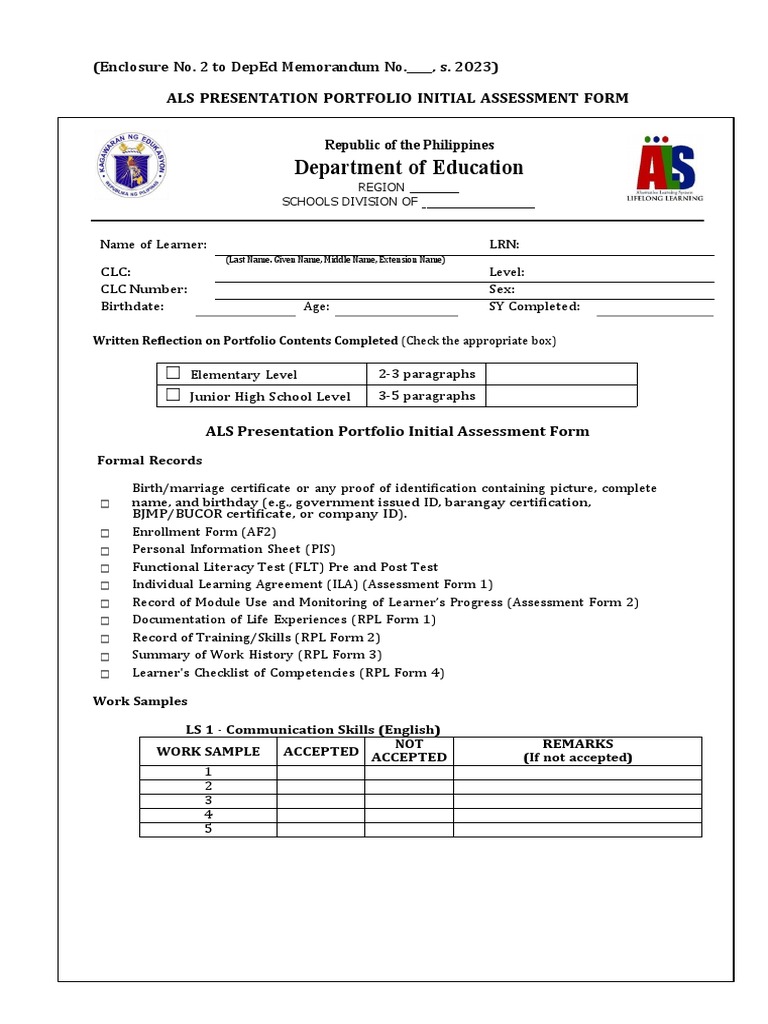 No 02 Als Presentation Portfolio Initial Assessment Form | PDF ...