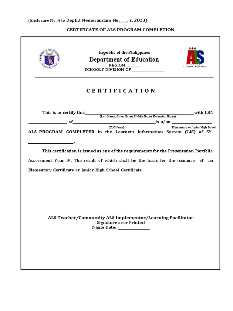 Enclosure No 04 CERTIFICATE OF ALS PROGRAM COMPLETION | PDF