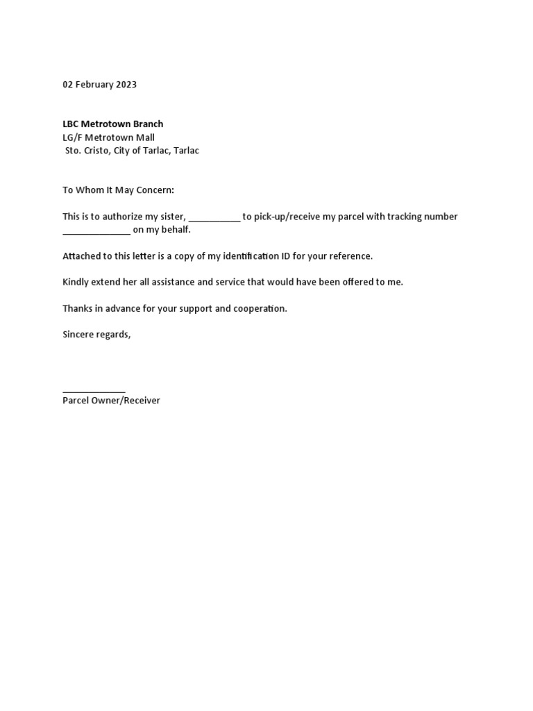 Authorization Letter To Pick Up Parcel | PDF | Finance & Money Management