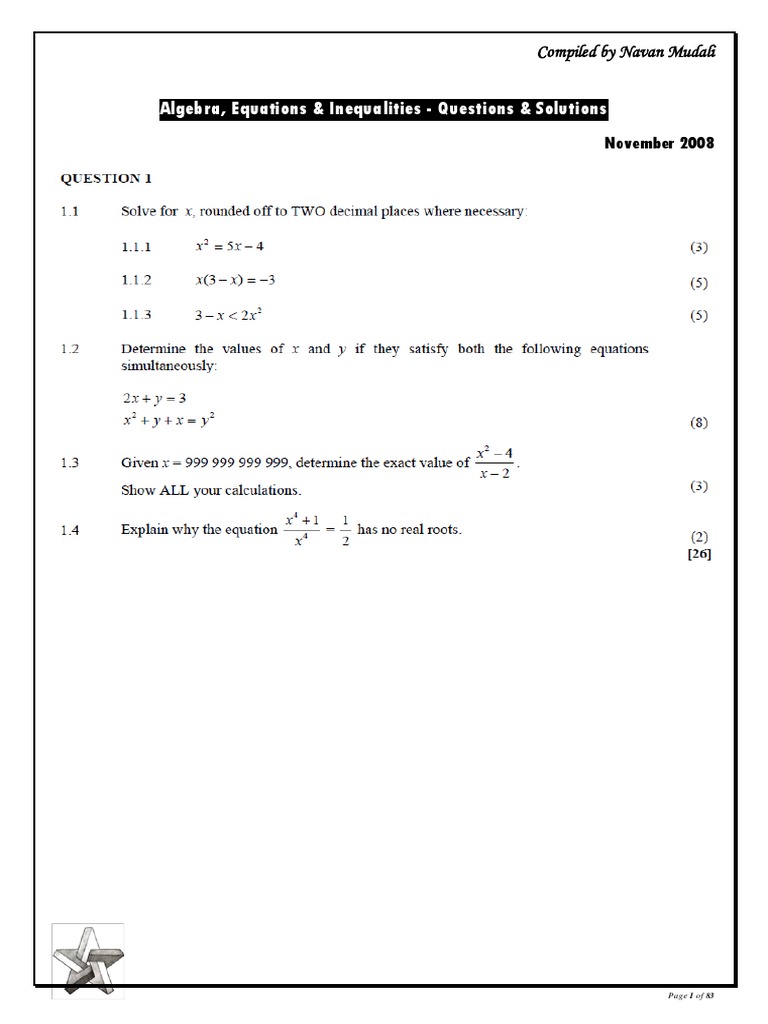 Algebra, Equations & Inequalities - Questions & Solutions: November 2008 | PDF | Mathematics ...