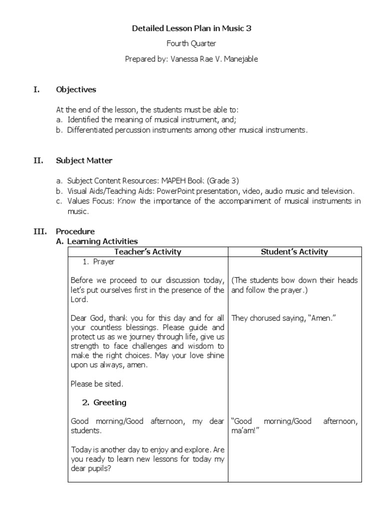 Grade 3 Music Lesson Plan: Percussion | PDF | Musical Instruments ...