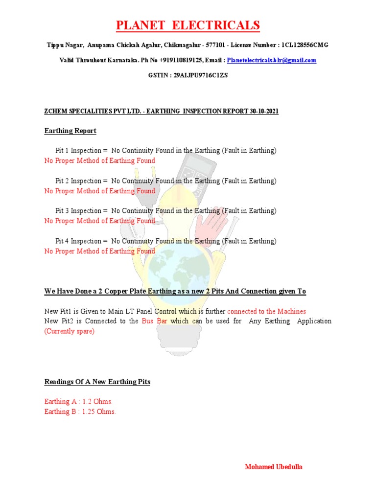 ZCHEM SPECIALITIES PVT LTD Earthing Report | PDF