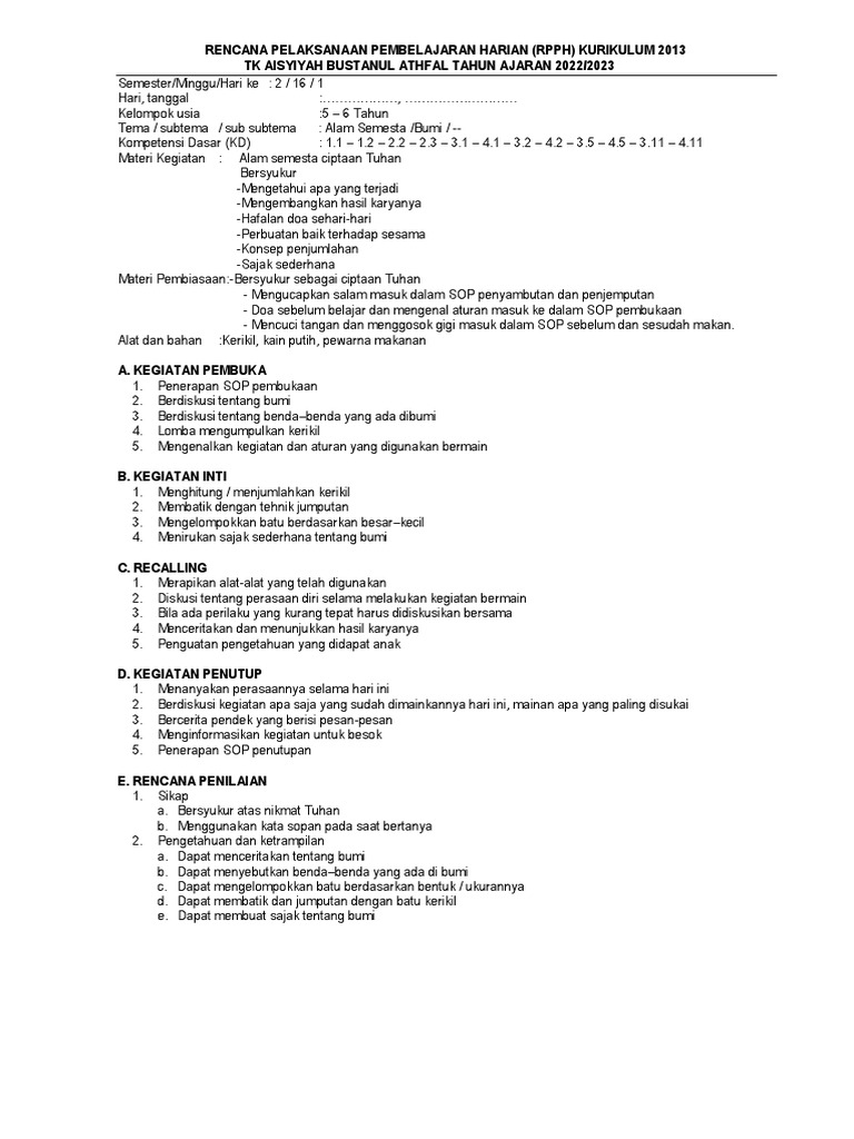 Rencana Pelaksanaan Pembelajaran Harian (RPPH) | PDF | Karier & Perkembangan | Kesehatan Holistik