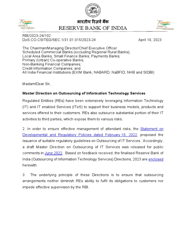 Master Direction On Outsourcing of Information Technology Services - April 2023 | PDF | Cloud ...