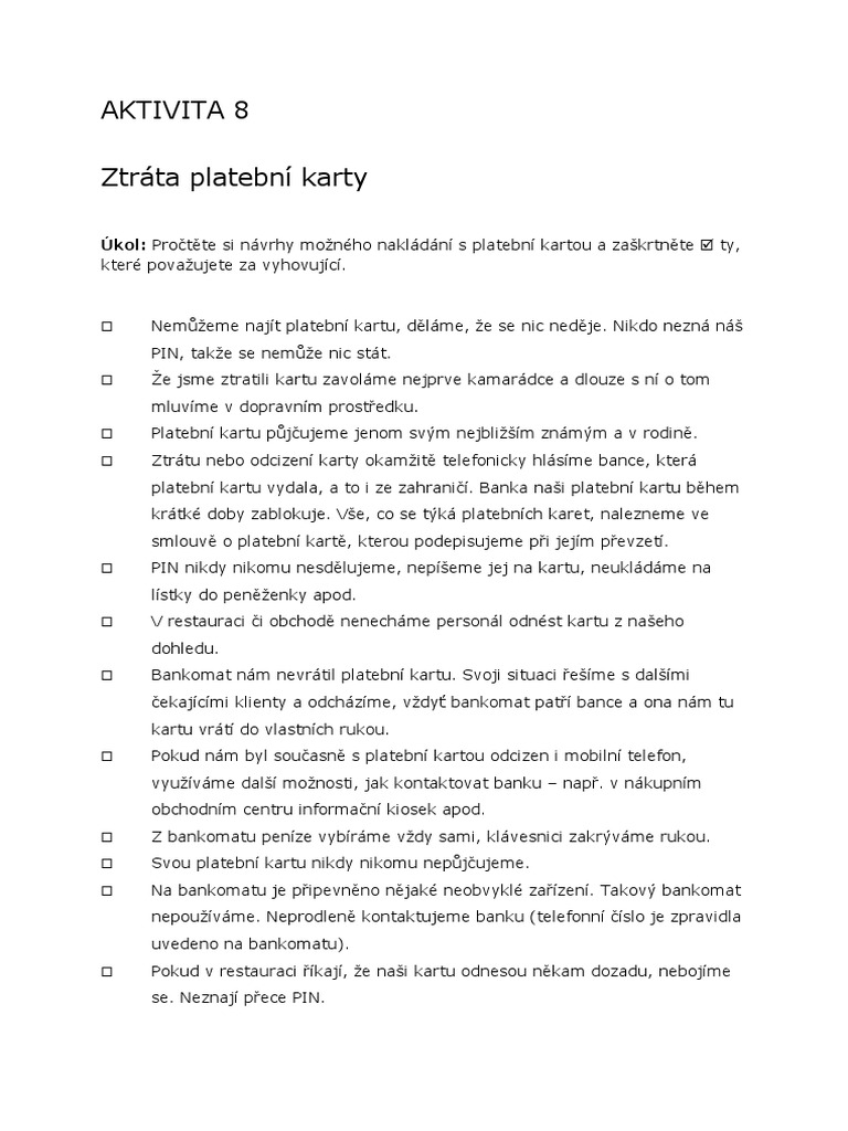 Aktivita 8 Ztráta platební karty_PL | PDF