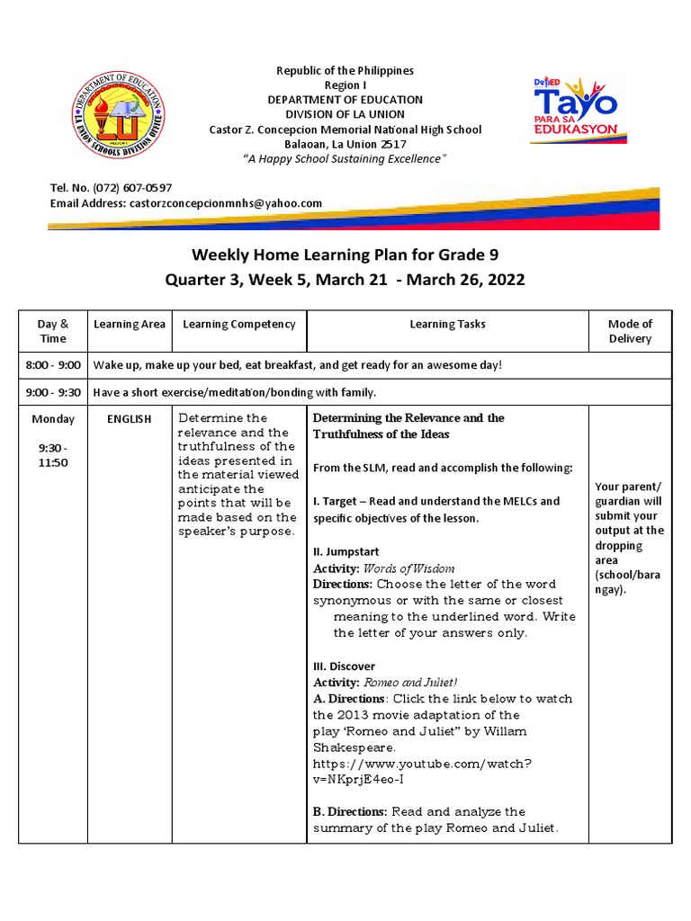 Consolidated WHLP Grade 9 Q3W5 | PDF | Learning | Cognition