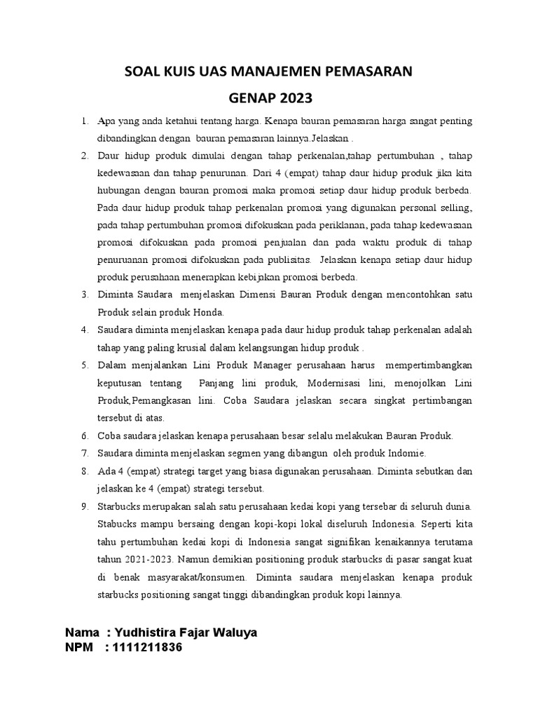 Kuis UAS Manajemen Pemasaran Yudhistirafw | PDF | Bisnis