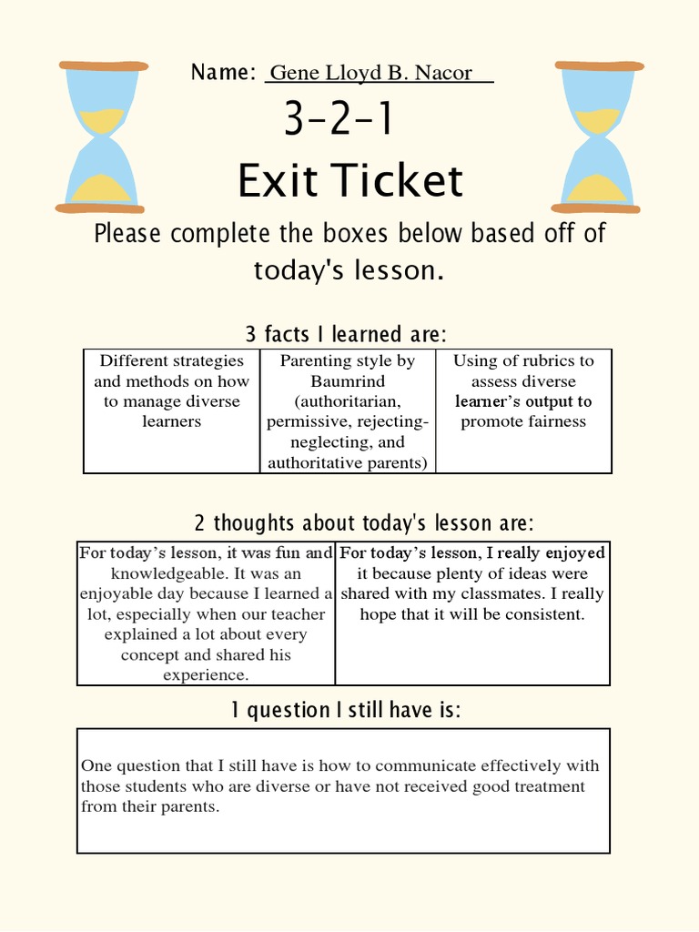 Gene Lloyd Nacor - Yellow 3-2-1 Exit Ticket Worksheet For Students | PDF