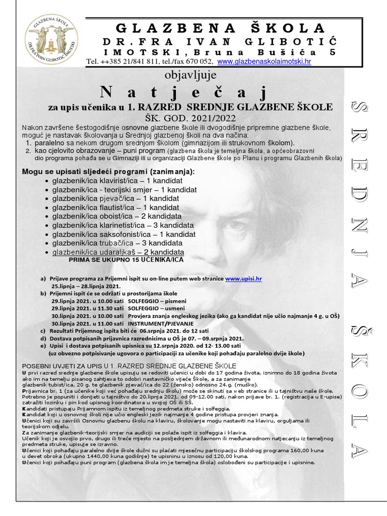 Srednja Glazbena Å¡kola Dr. Dra Ivan GlibotiÄ Imotski | PDF