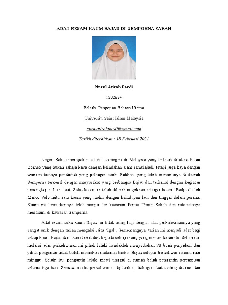 (Umum) Nurul Atirah Pardi - Adat Resam Kaum Bajau Di Semporna Sabah | PDF