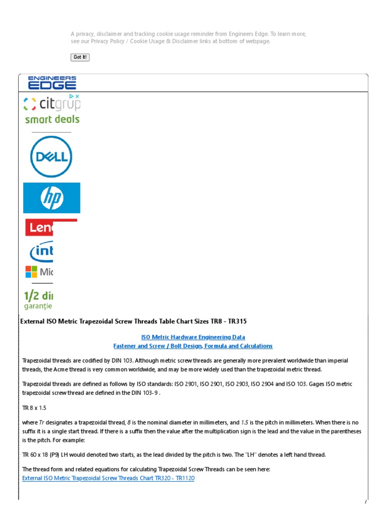 External ISO Metric Trapezoidal Screw Threads Table Chart Sizes TR8 ...