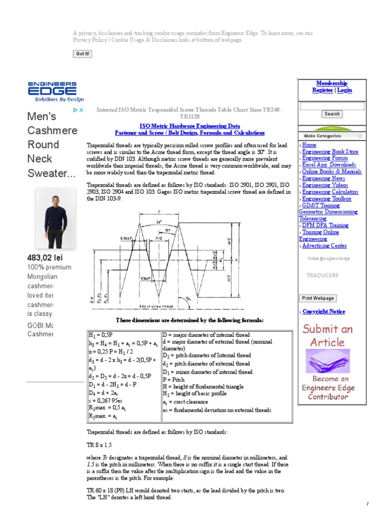 Formulas & Internal ISO Metric Trapezoidal Screw Threads Table Chart ...