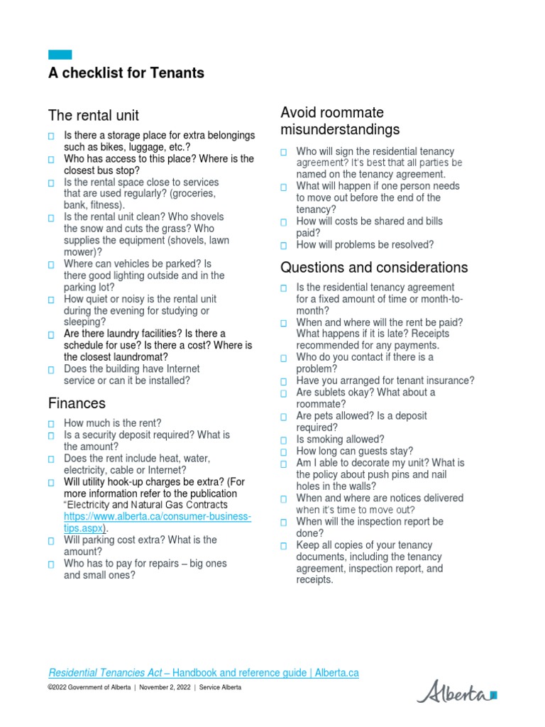 Sa Checklist For Tenants | PDF | Lease | Leasehold Estate