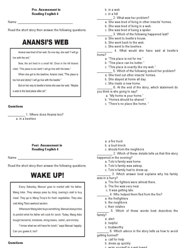 Pre-Post Reading Materials Grade 4 | PDF