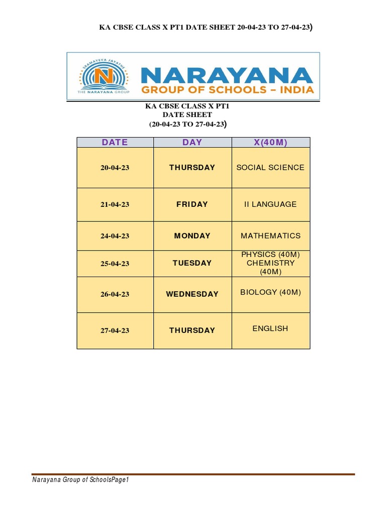 Ka Cbse Class X PT1 Date Sheet 20-04-23 To 27-04-23 | PDF Ka Cbse Class X PT1 Date Sheet 20-04-23 To 27-04-23 | PDF