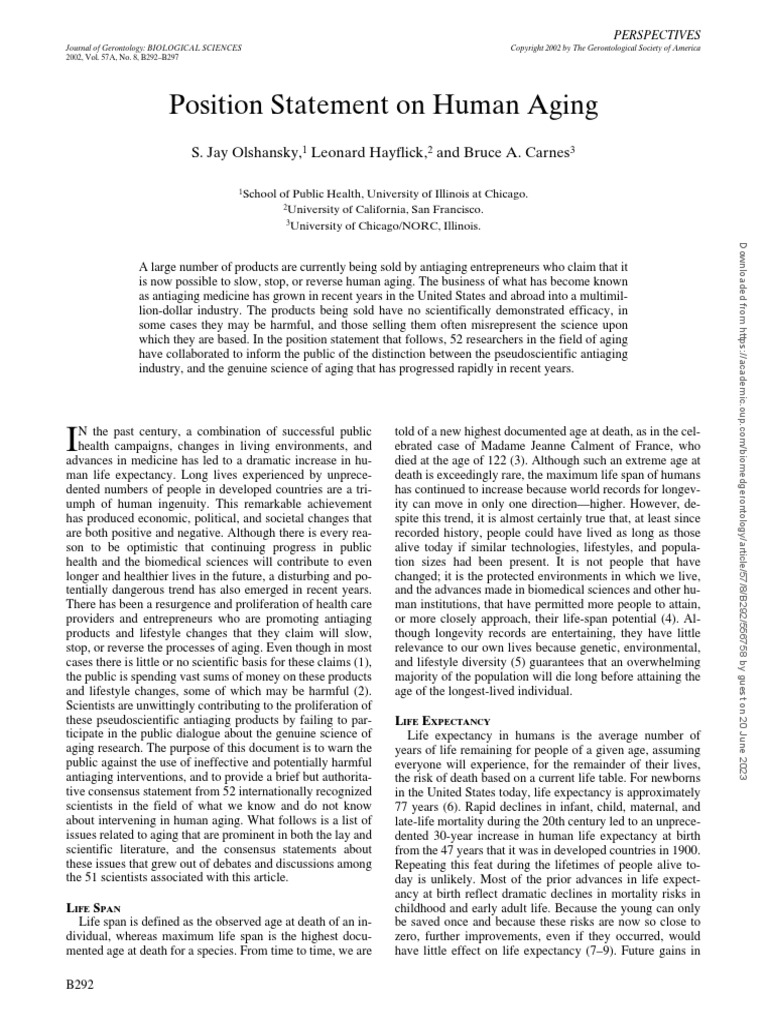 Position Statement On Human Aging: S. Jay Olshansky, Leonard Hayflick ...