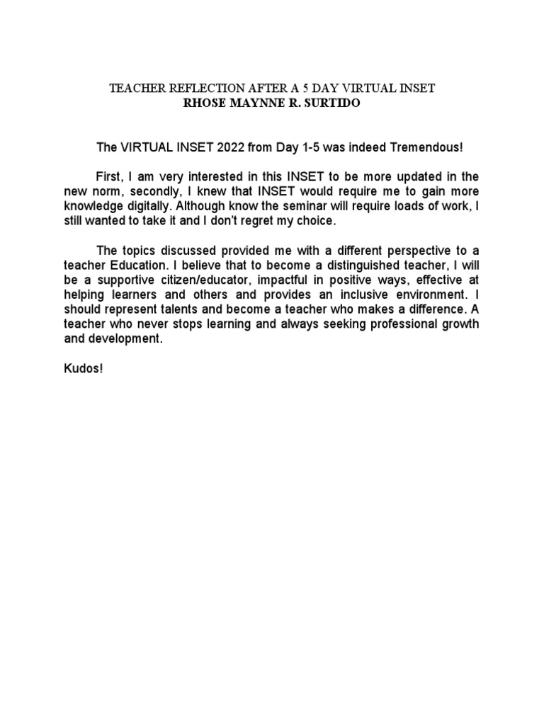 Teacher Reflection After A 5 Day Virtual Inset | PDF