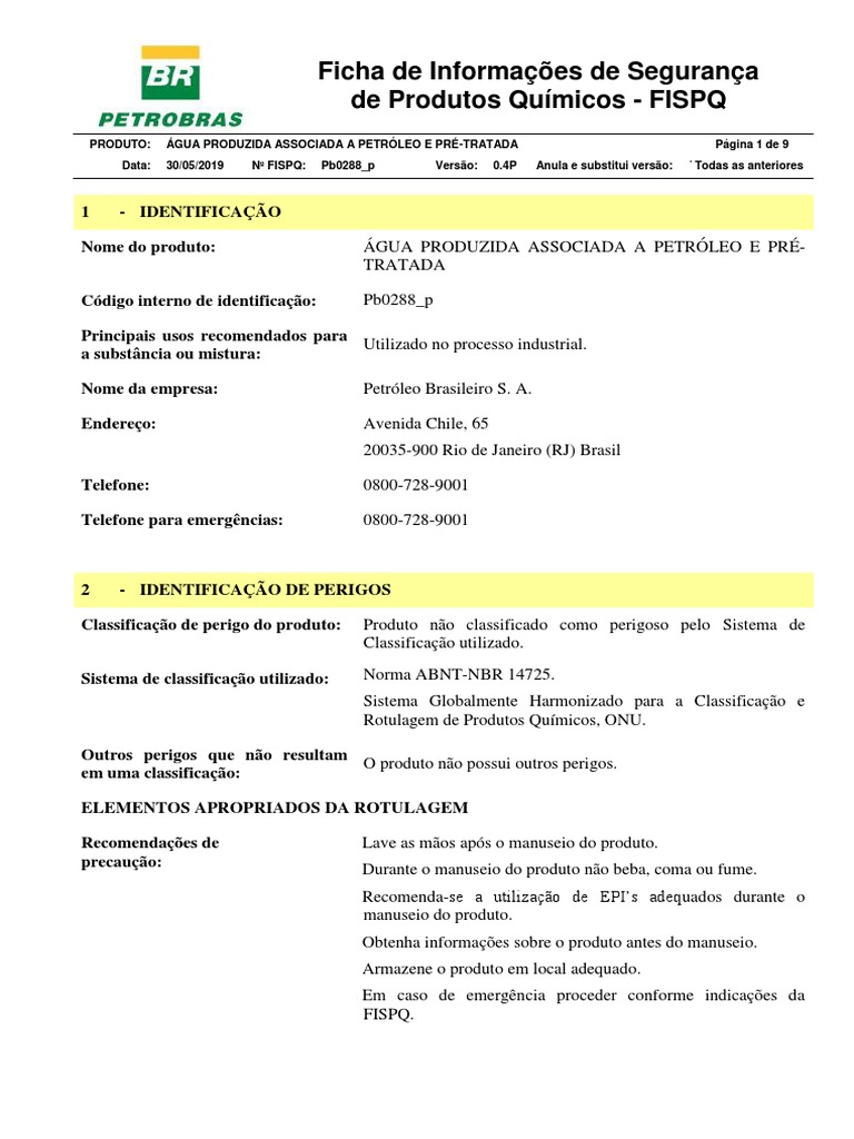 FISPQ água | PDF | Química | Temperatura