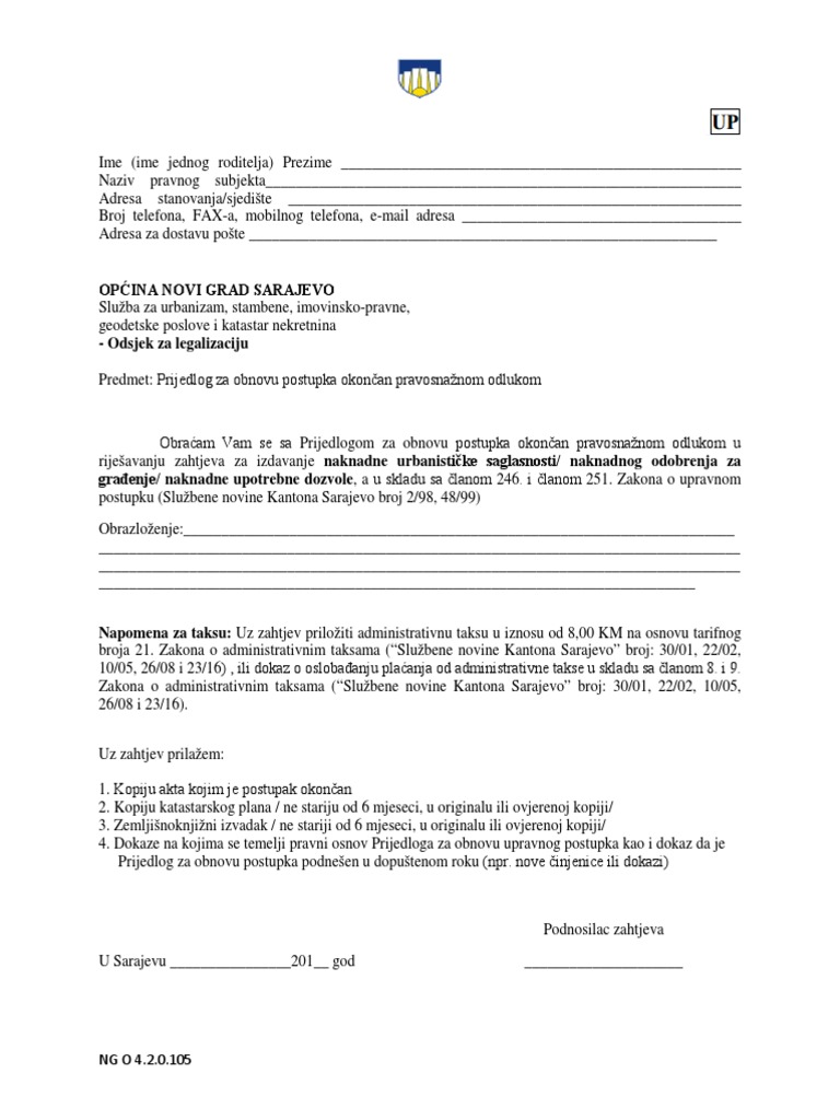 Prijedlog Za Obnovu Postupka U Legalizaciji UP | PDF