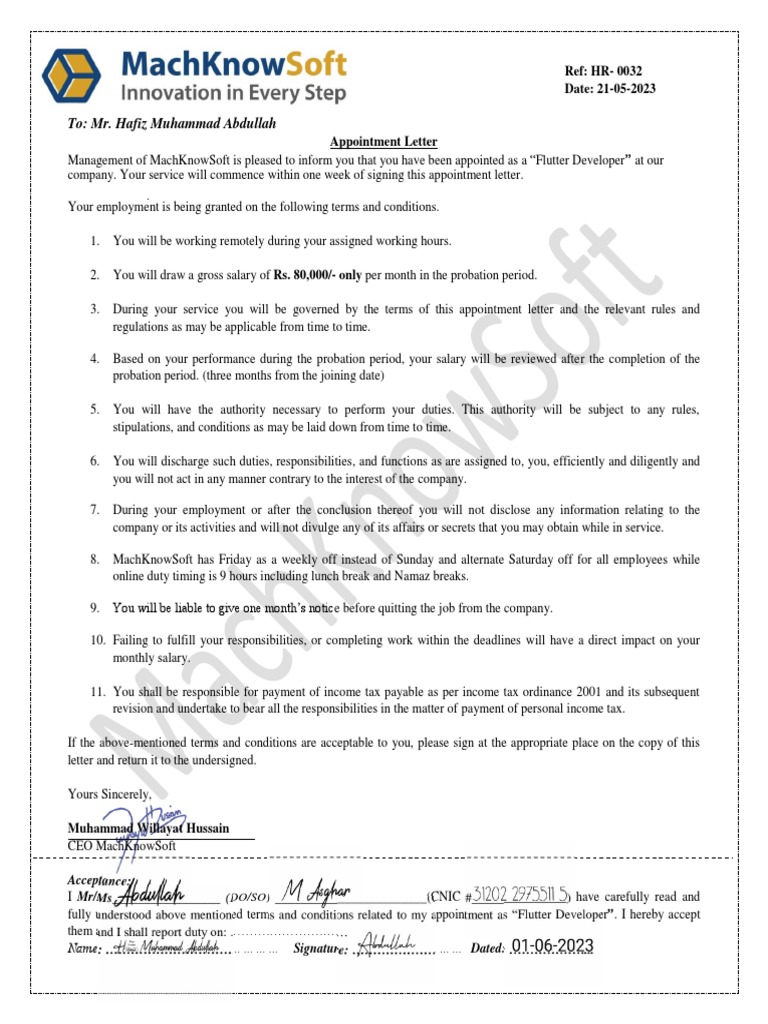 Hafiz Muhammad Abdullah Appointment Letter 1 | PDF | Employment | Salary Hafiz Muhammad Abdullah Appointment Letter 1 | PDF | Employment | Salary