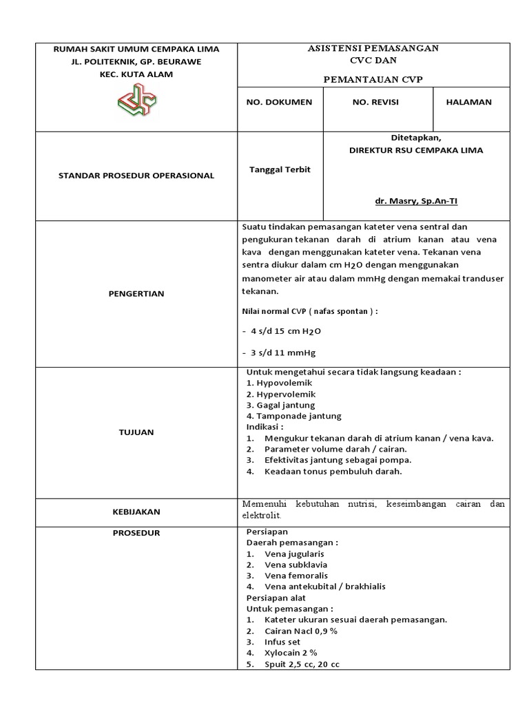 FORMAT SOP ASISTENSI PEMASANGAN CVC DAN PEMANTAUAN CVP | PDF