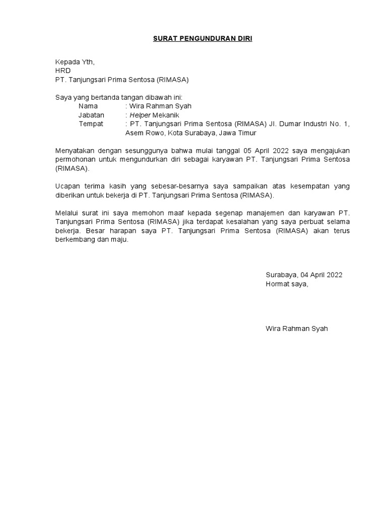 Pengunduran Diri Karyawan PT Rimasa | PDF