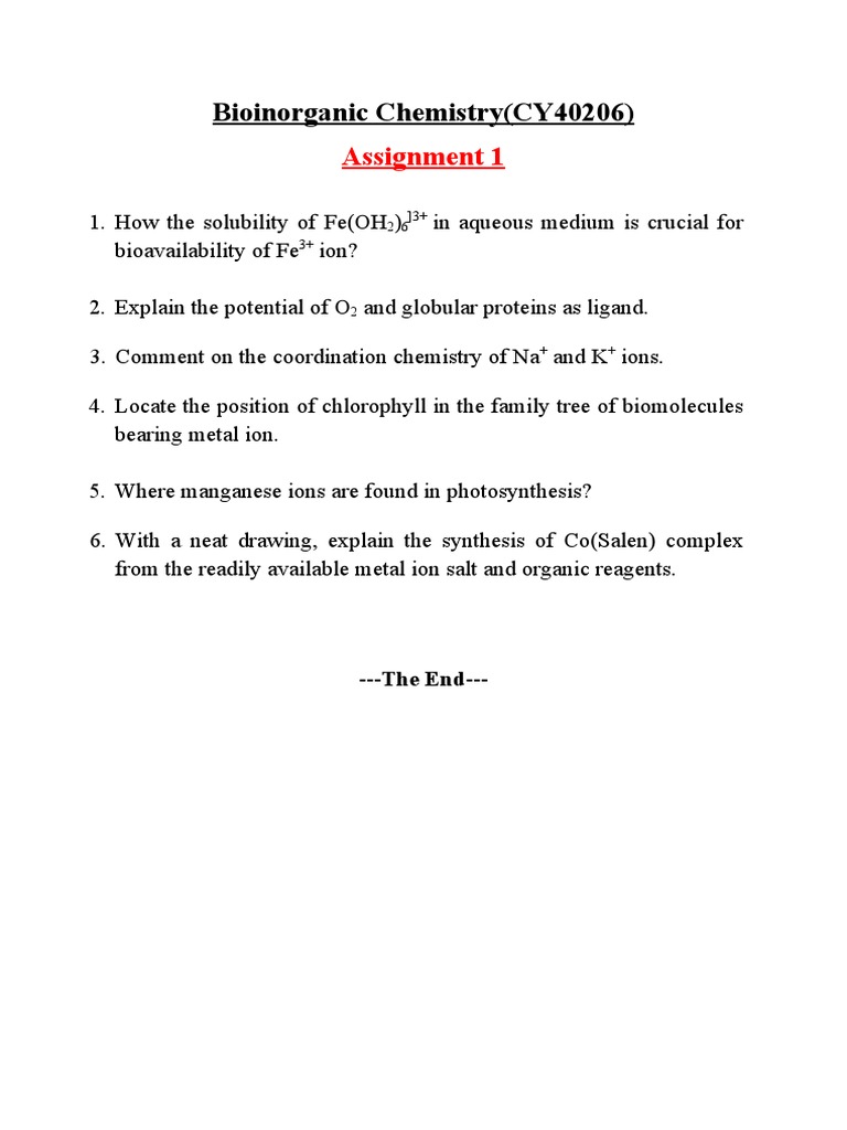 Bioinorganic Chemistry Assignment-1 | PDF