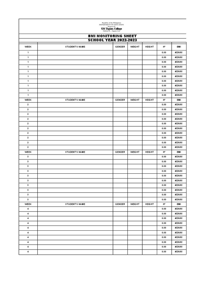 Bmi Monitoring Sheet | PDF | Body Mass Index | Overweight