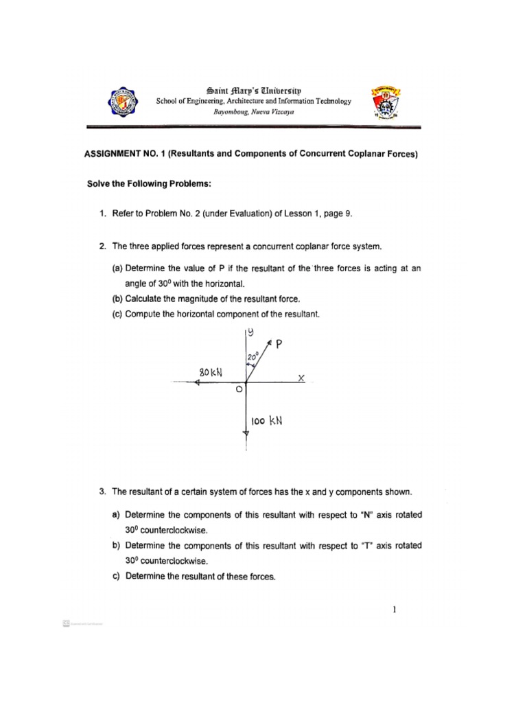 Assignment No. 1 (Resultants and Components of Concurrent Coplanar Forces) | PDF