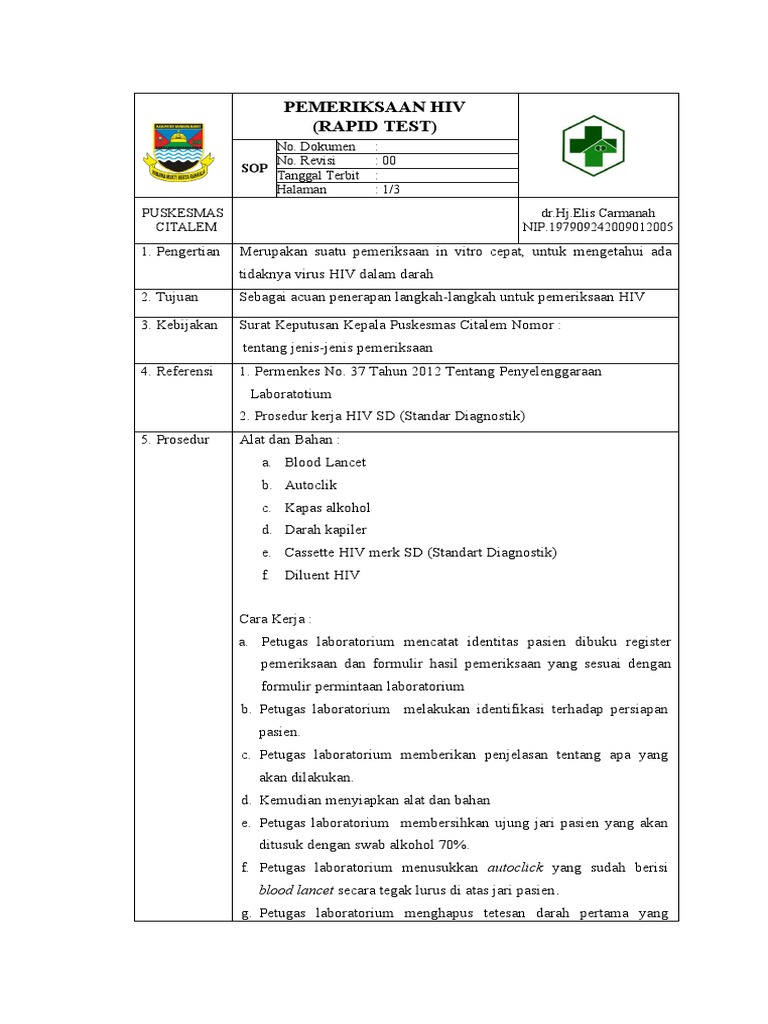 SOP PEMERIKSAAN HIV SD BIOLINE - Fix | PDF