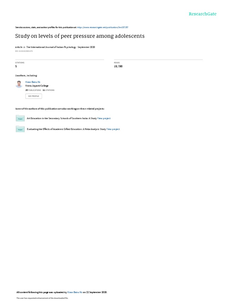 Study On Levels Of Peer Pressure Among Adolescents The International