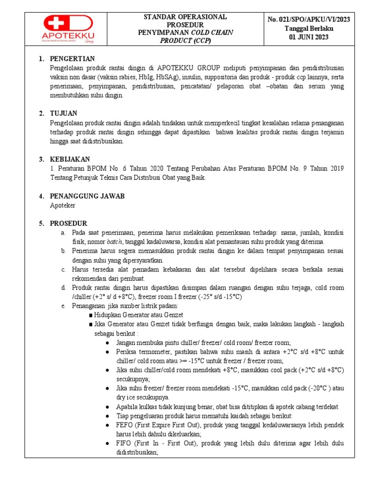 SOP Penyimpanan Cold Chain Produk | PDF