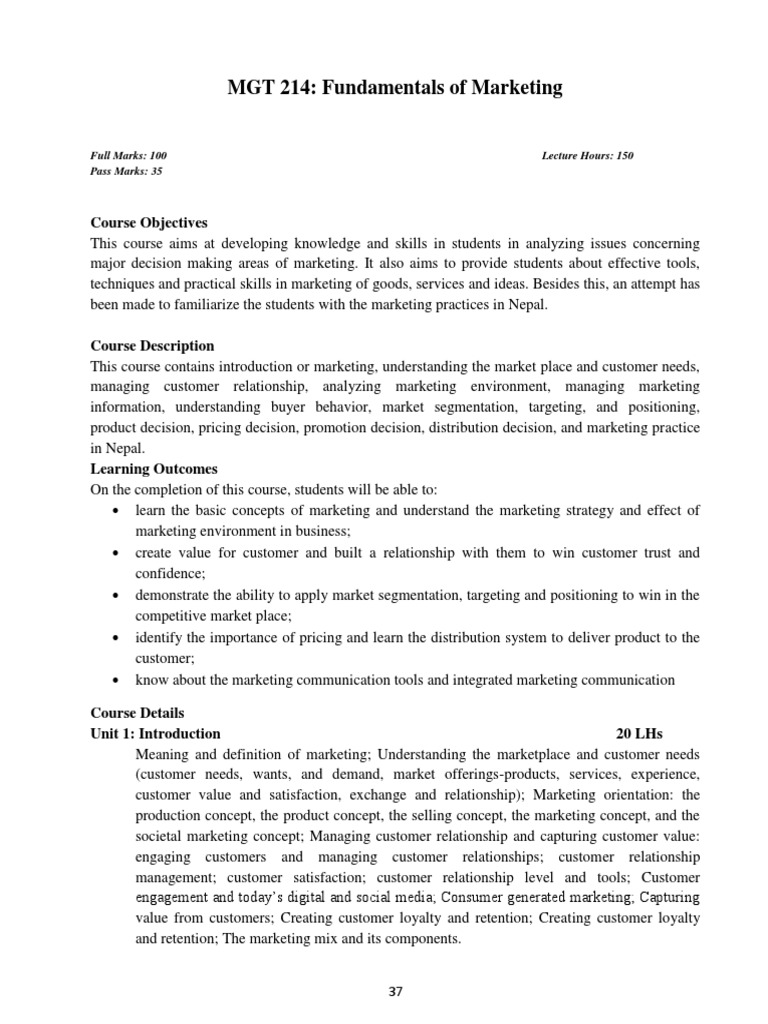 MGT 214 Fundamentals of Marketing | PDF