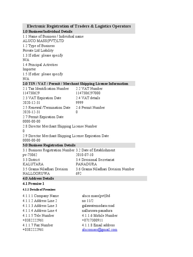 Trader Registration for Aluco Mass Ltd | PDF | Business