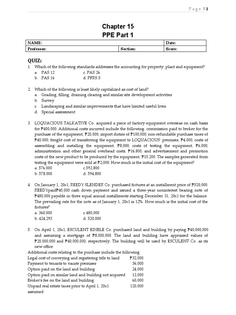 Quiz Chapter 15 Ppe Part 1 2020ed 1 | PDF | Cost | Option (Finance)