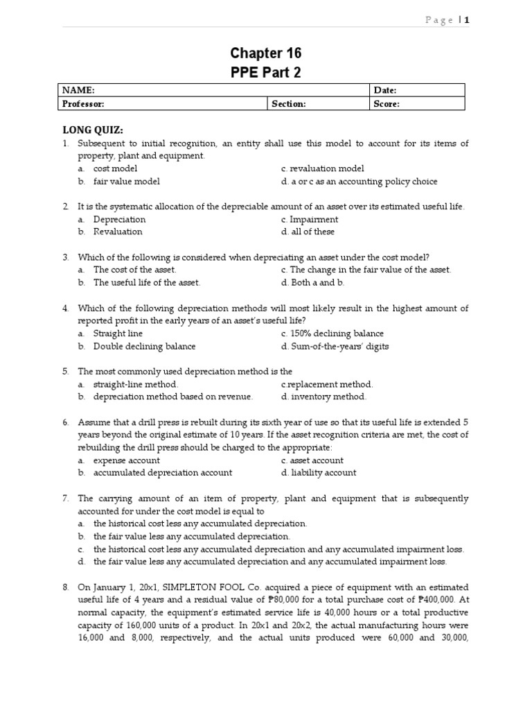 QUIZ - CHAPTER 16 - PPE PART 2 - 2020ed 1 | PDF