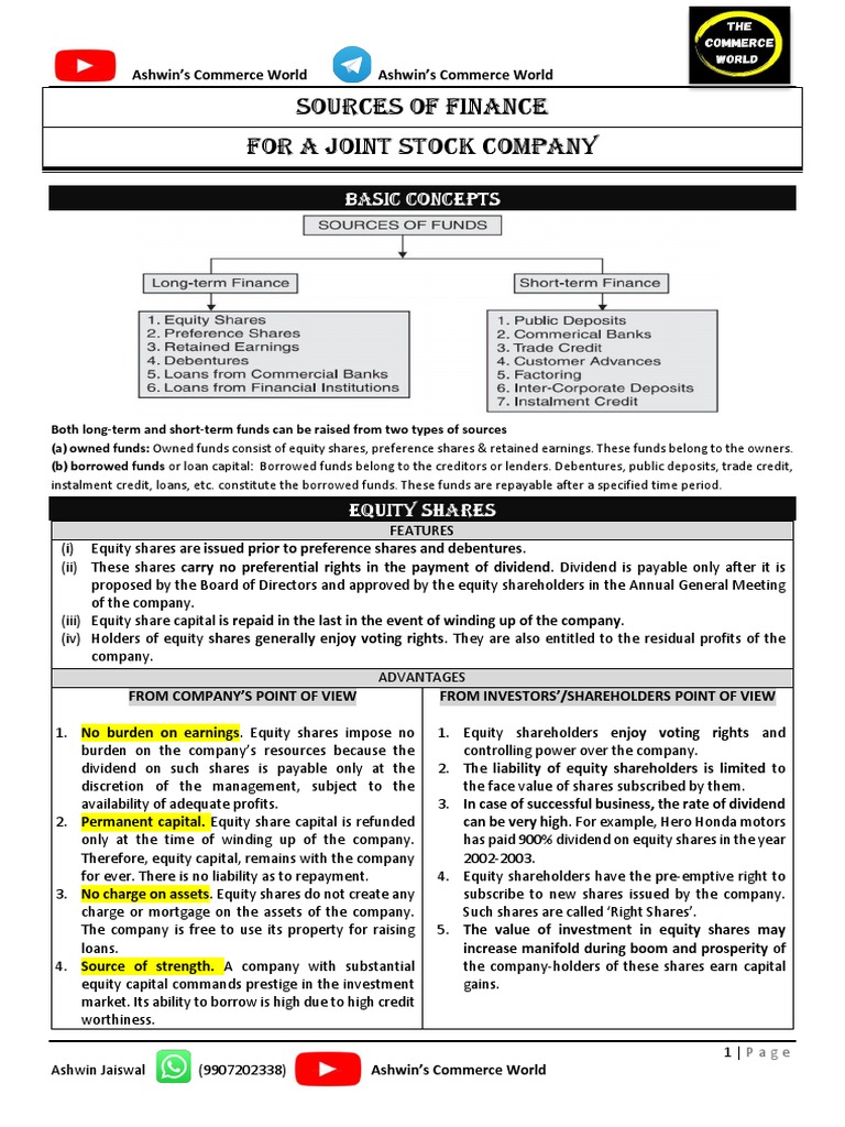Sources of Finance for Joint Stock Companies | PDF | Finance & Money ...