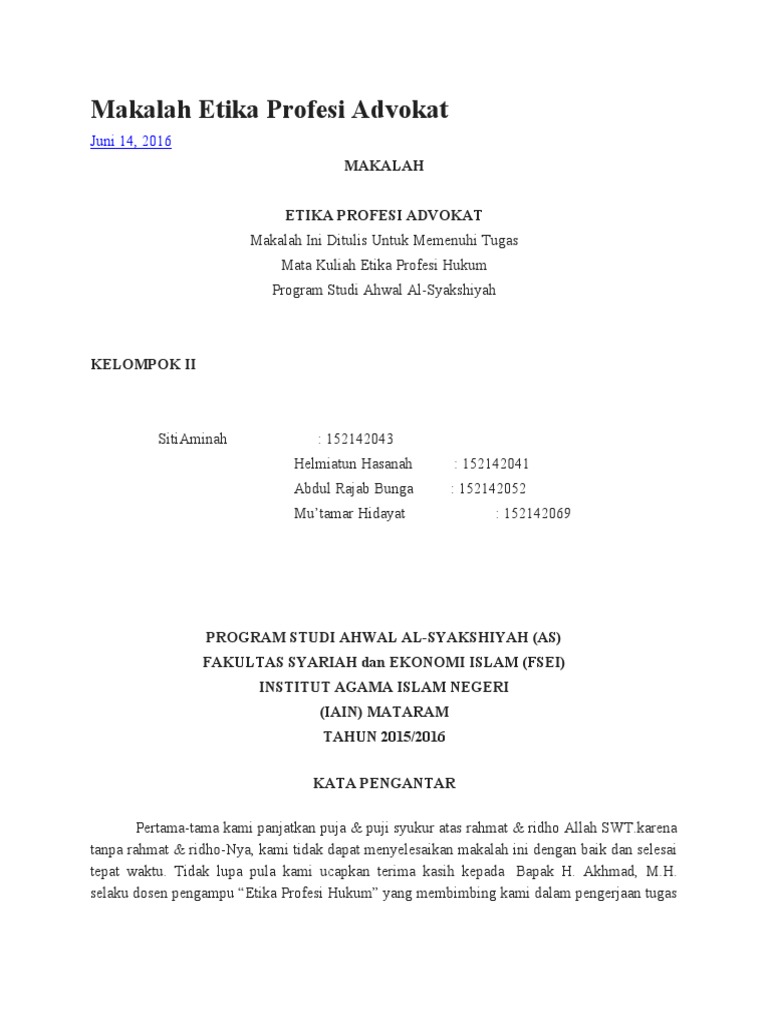 Makalah Etika Profesi Advokat | PDF
