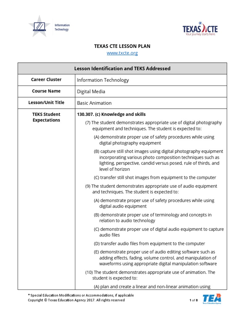 Lesson Plan IT Digital Media- Basic Animation | PDF