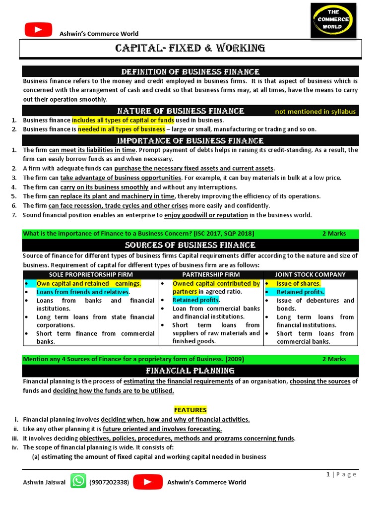 Capital Fixed & Working - New Syllabus | PDF | Financial Capital ...