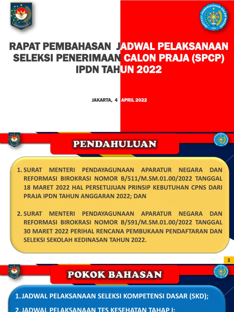 Rapat Pembahasan Jadwal SPCP 2022 - Senin 4 April 2022 - Ipdn Kampus Jakarta | PDF